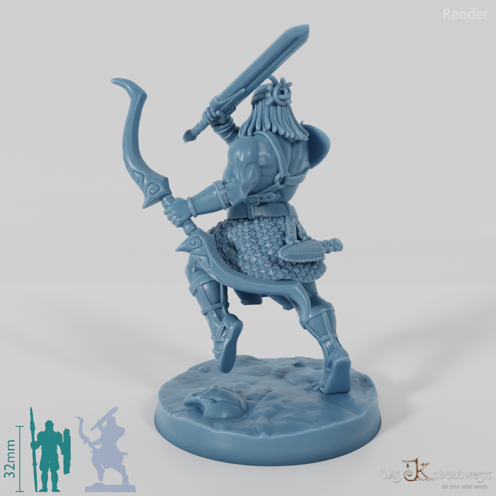 Rhom the Relentless, human gladiator with sword and bow – Koboldnest