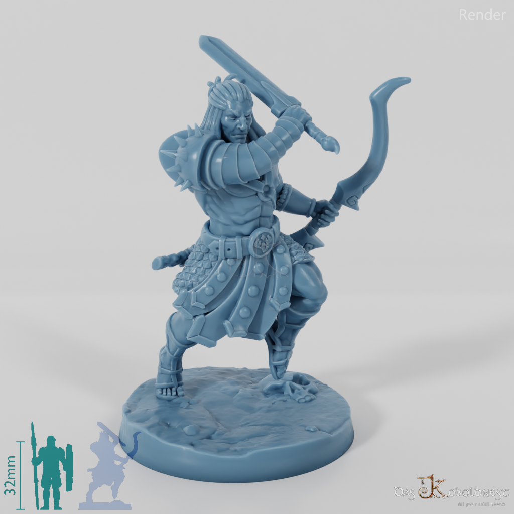 Rhom the Relentless, human gladiator with sword and bow – Koboldnest